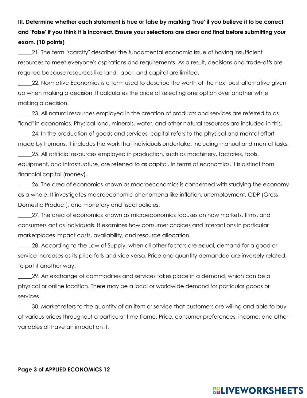 Applied Economics 1st QA | Live Worksheets