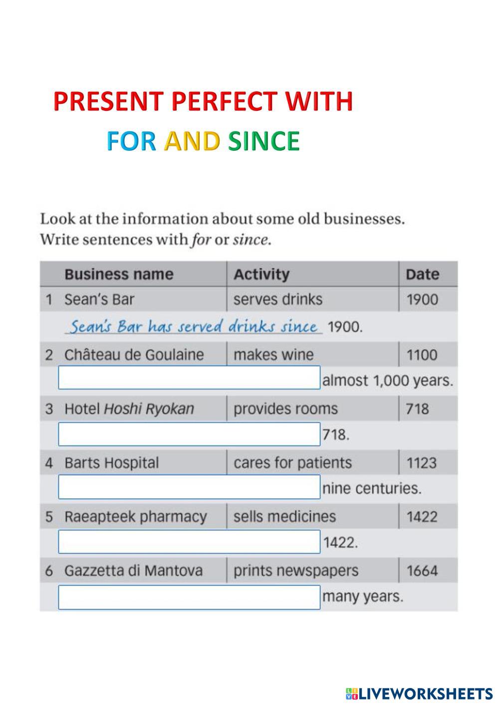 for since | Live Worksheets