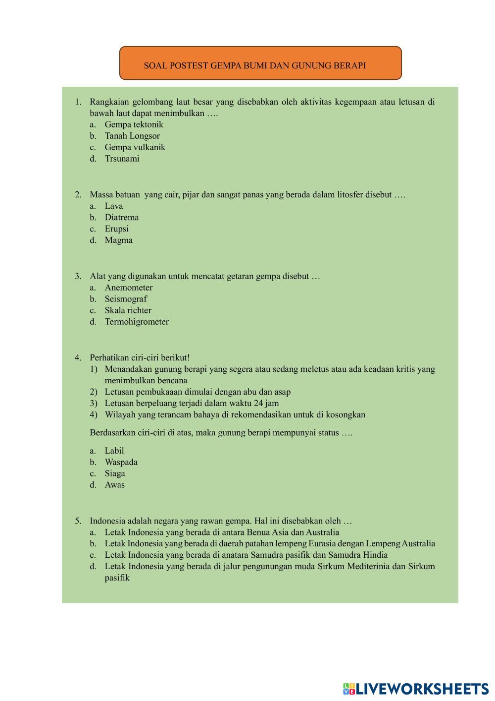 Postest Gempa Bumi dan Gunung Berapi | Live Worksheets