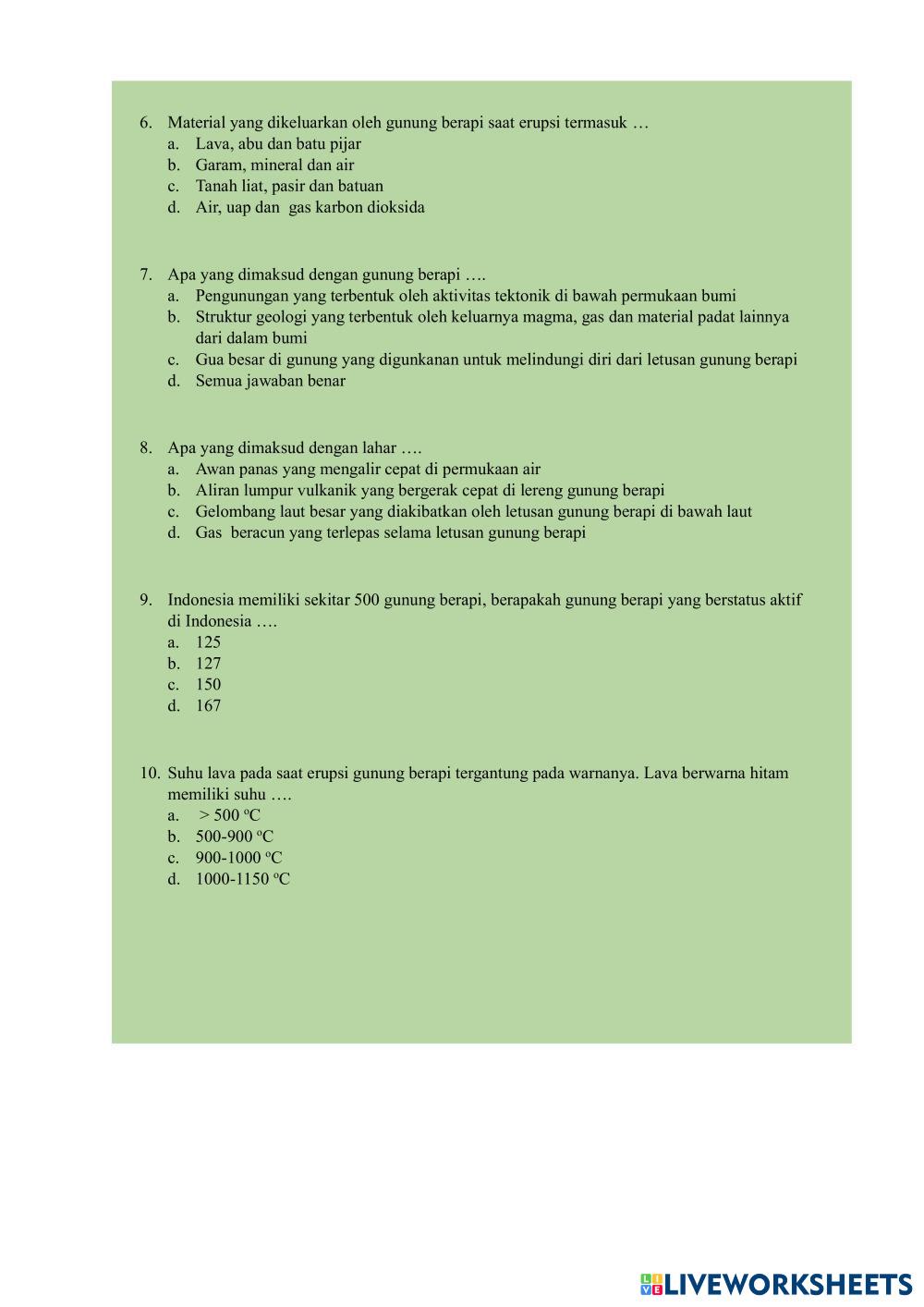 Postest Gempa Bumi dan Gunung Berapi | Live Worksheets