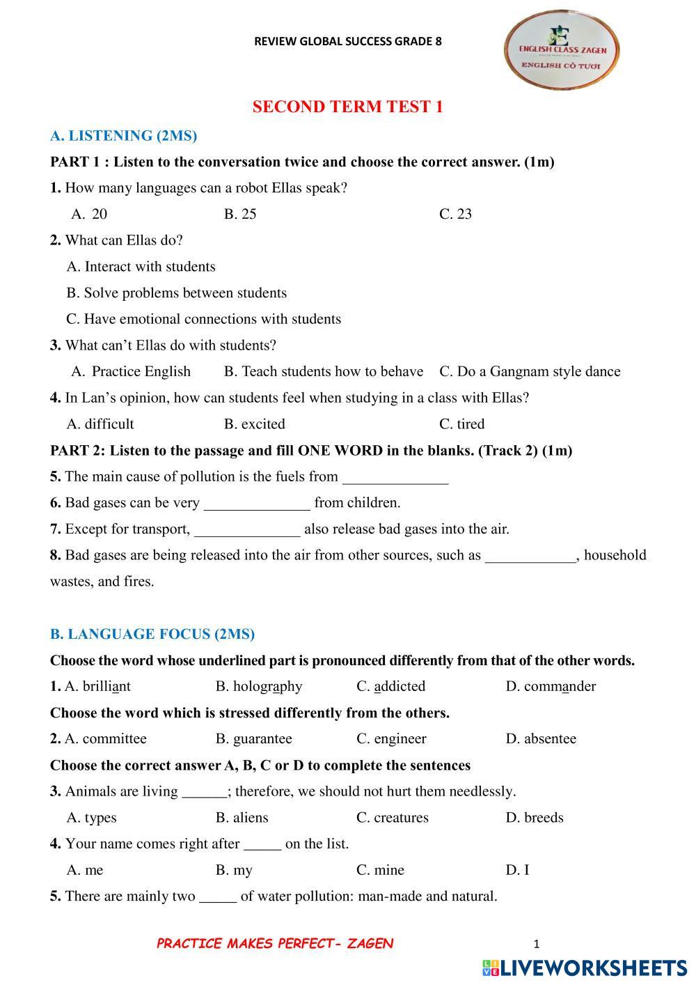 G8 - SECOND TERM TEST 1 | Live Worksheets