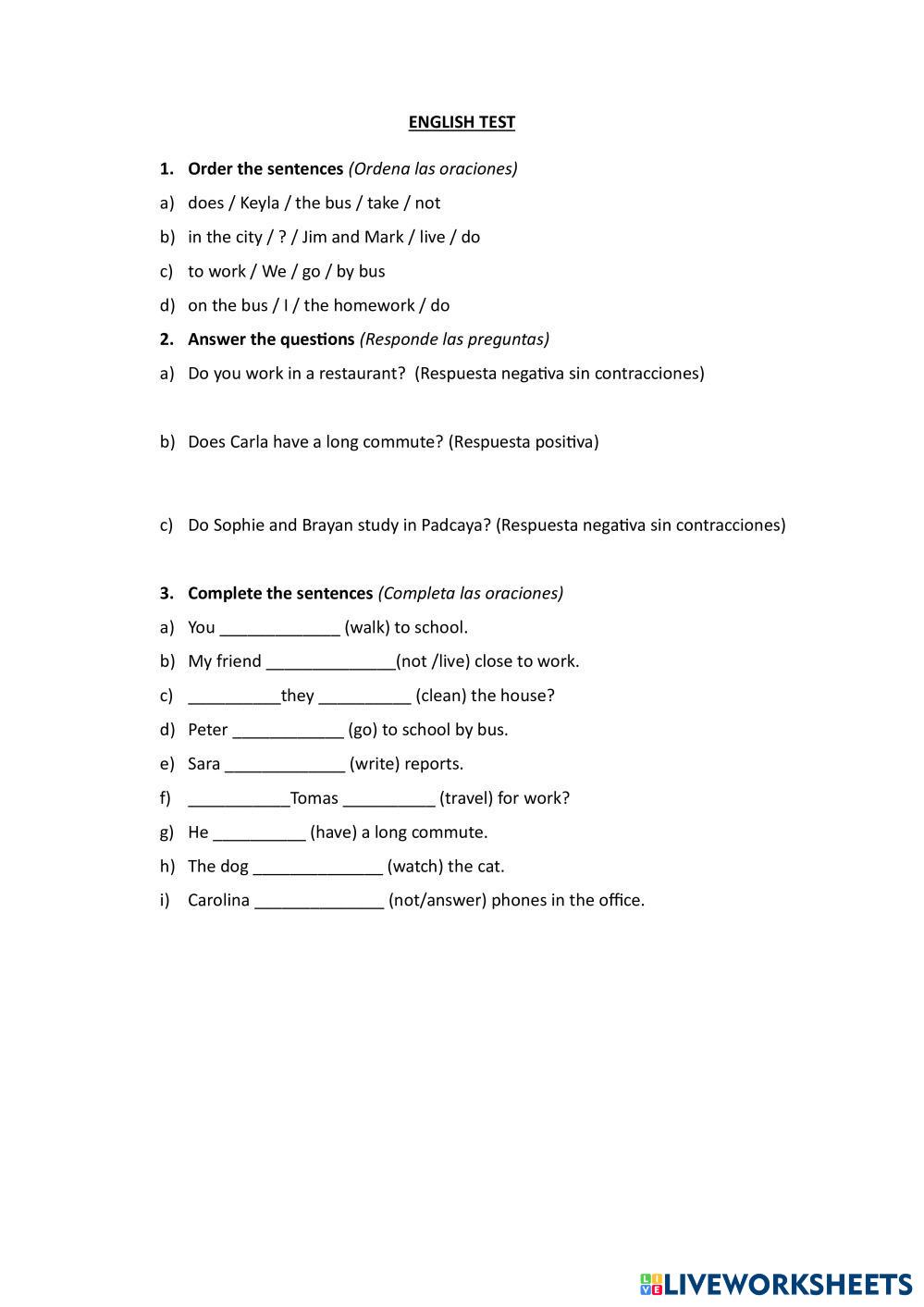 Evaluación Presente Simple | Live Worksheets