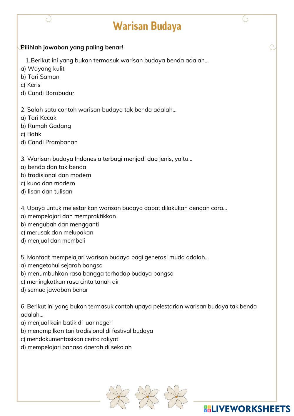 7675607 | WARISAN BUDAYA | liliseryanti | LiveWorksheets