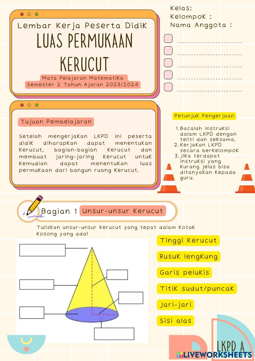 LKPD Luas Permukaan Kerucut Kelas 9 Sem Genap | Live Worksheets