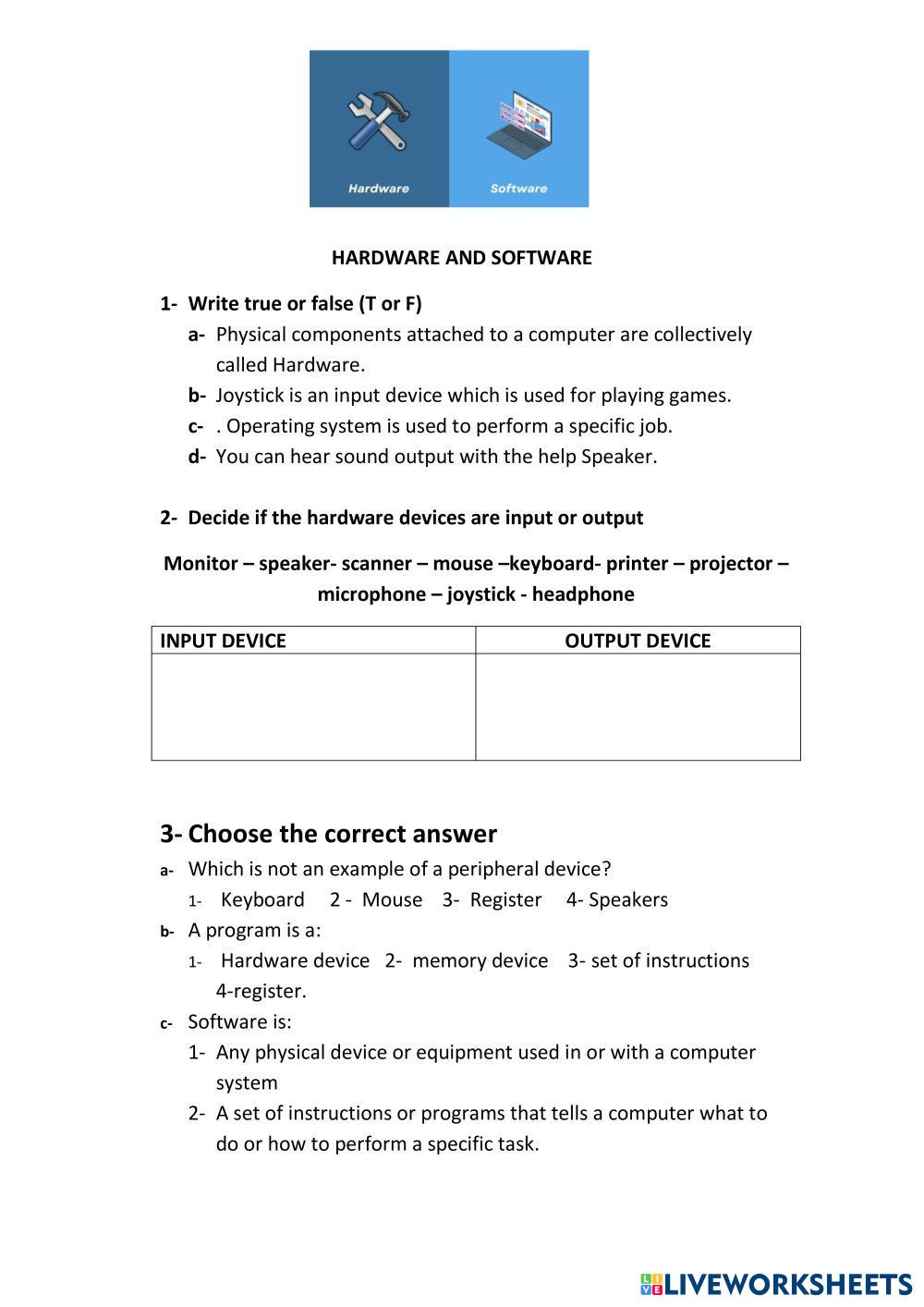 Hardware and Software | Live Worksheets