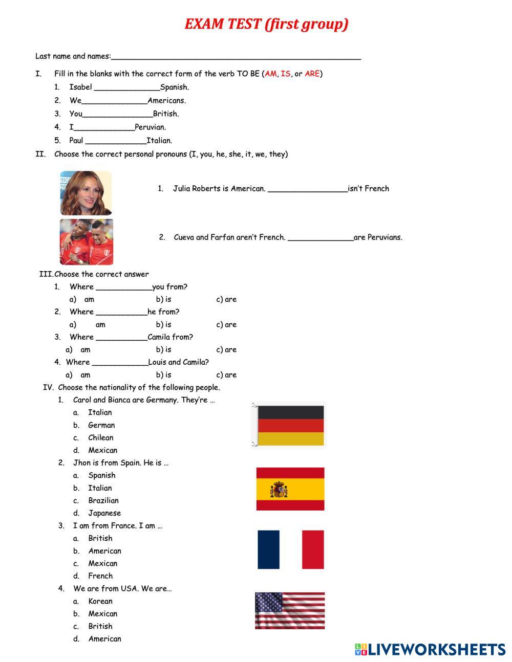 ENGLISH TEST (GROUP 1) | Live Worksheets