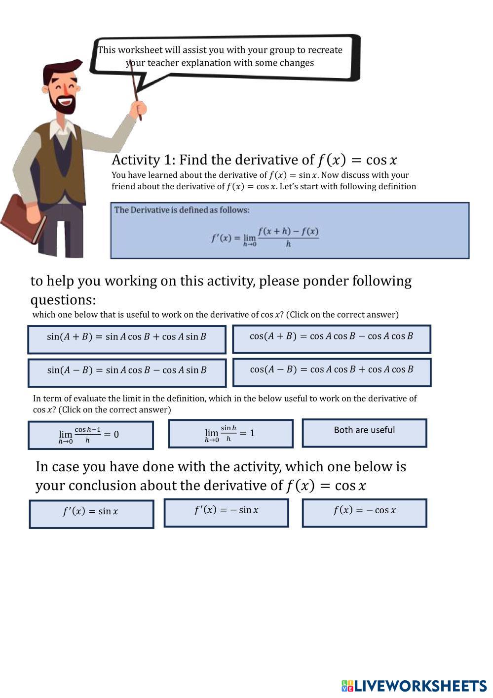 Activity 1: Derivative of cosine (revised) | Live Worksheets