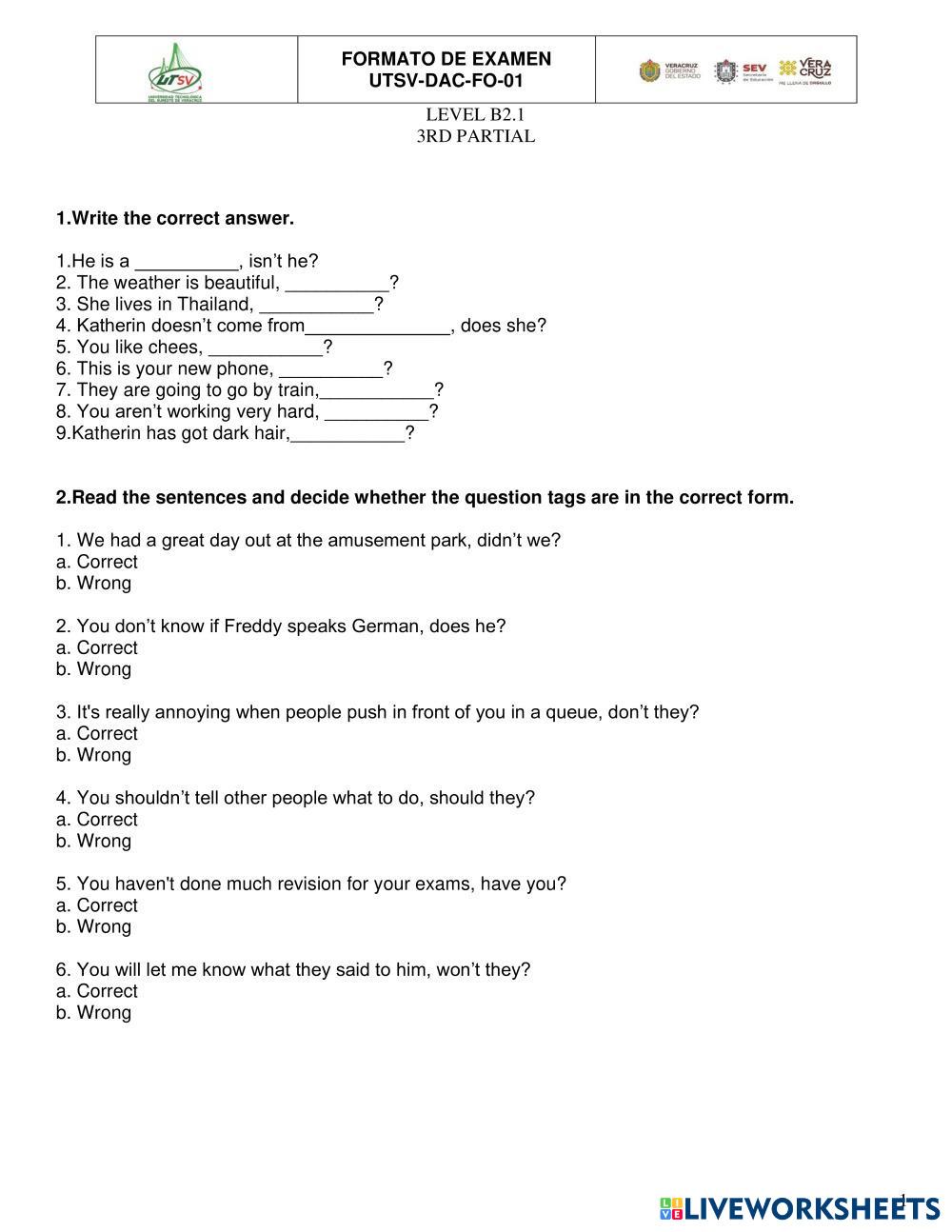 7679498 | Tag Question | Yani89 | LiveWorksheets