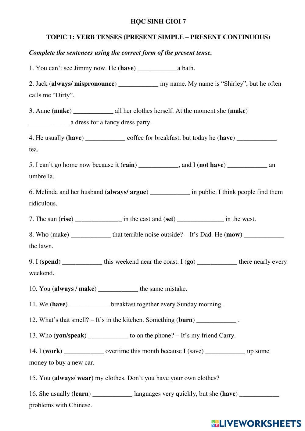 Present Simple - Present Continuous | Live Worksheets