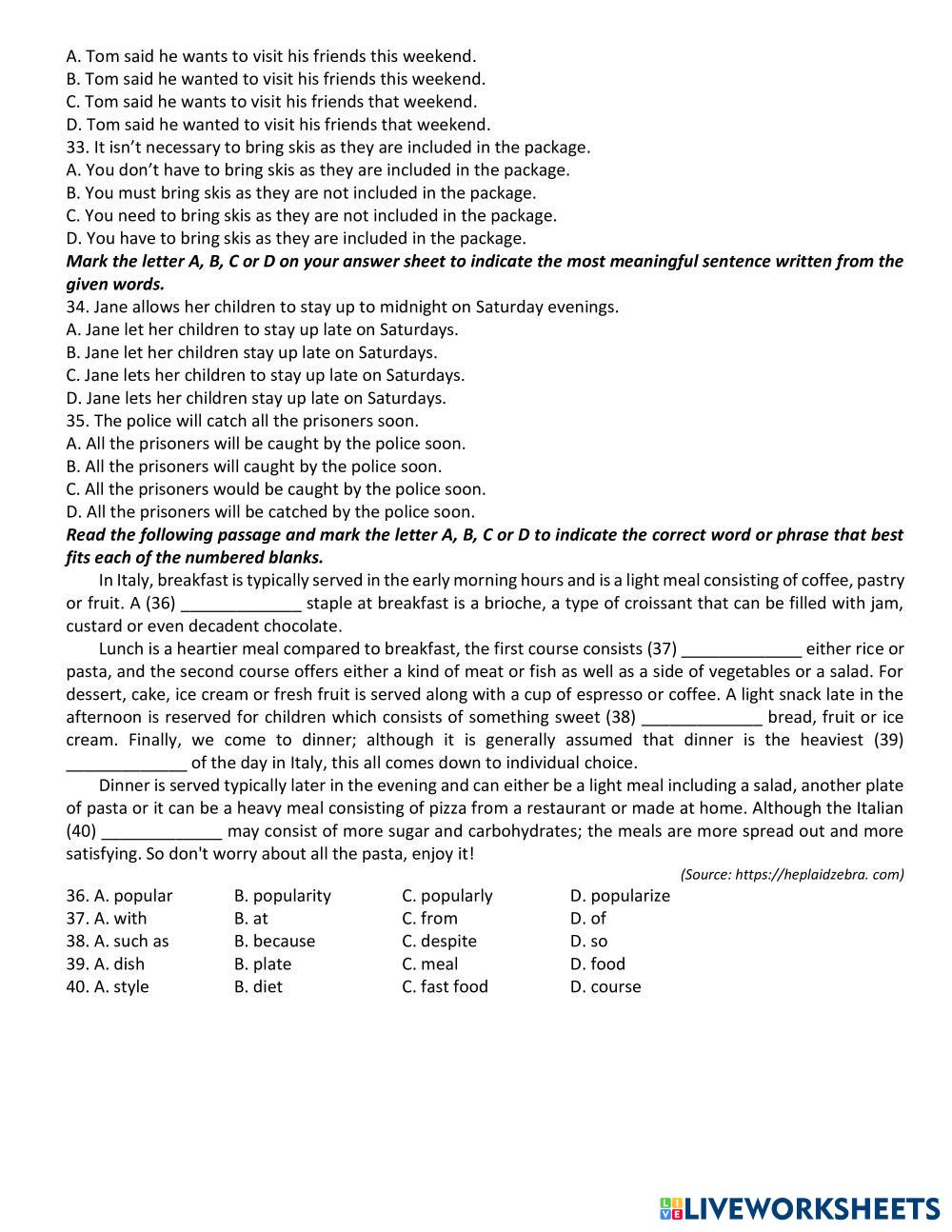 Grade 9 - Practice Test 23 | Live Worksheets