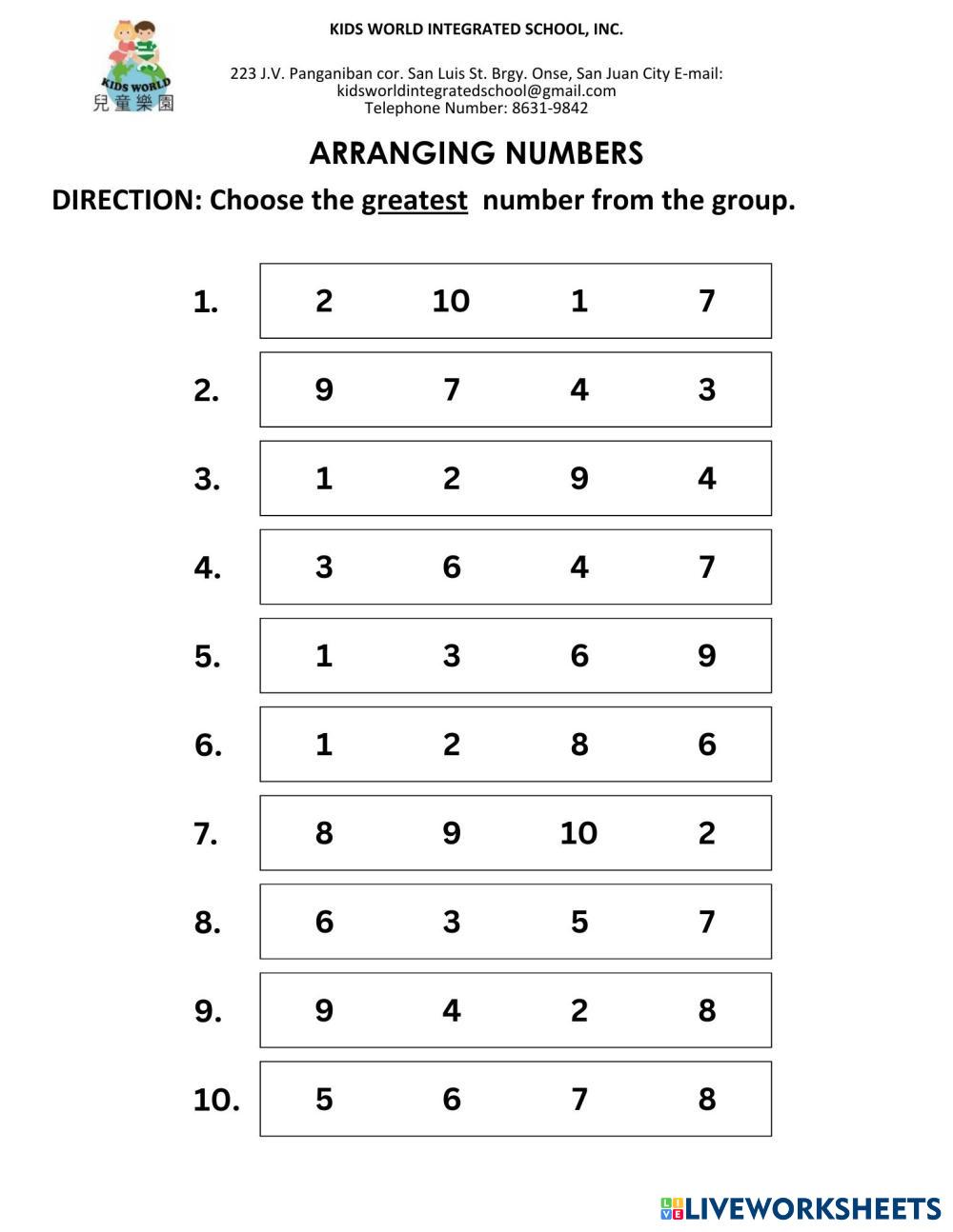7684393 | Arranging Numbers Review Activity | Alexis