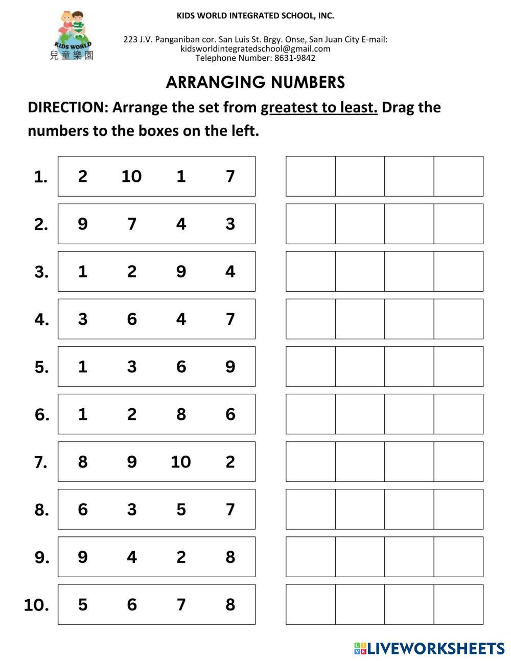 7684393 | Arranging Numbers Review Activity | Alexis
