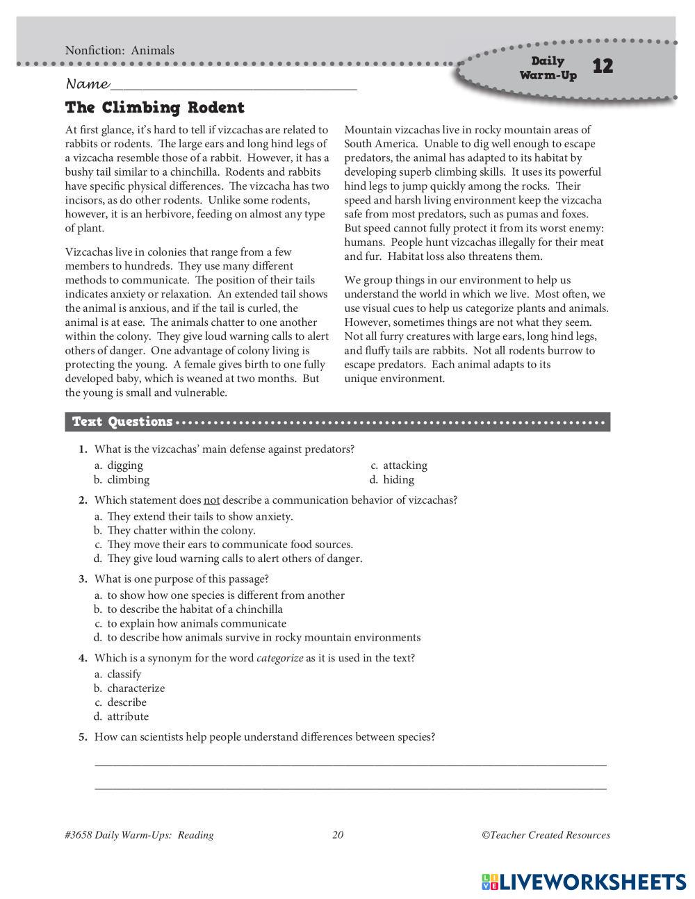 DAILY 7 - ANIMALS - THE CLIMBING RODENT | Live Worksheets