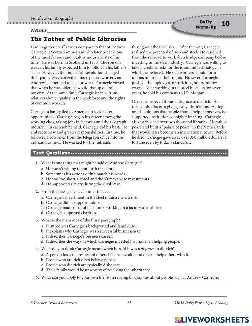 DAILY 7 - BIOGRAPHIES - The Father of Public Libraries | Live Worksheets
