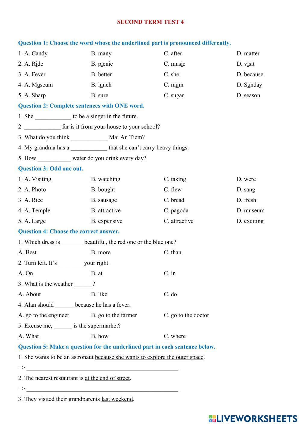 Grade 5_SECOND TERM TEST 4 | Live Worksheets