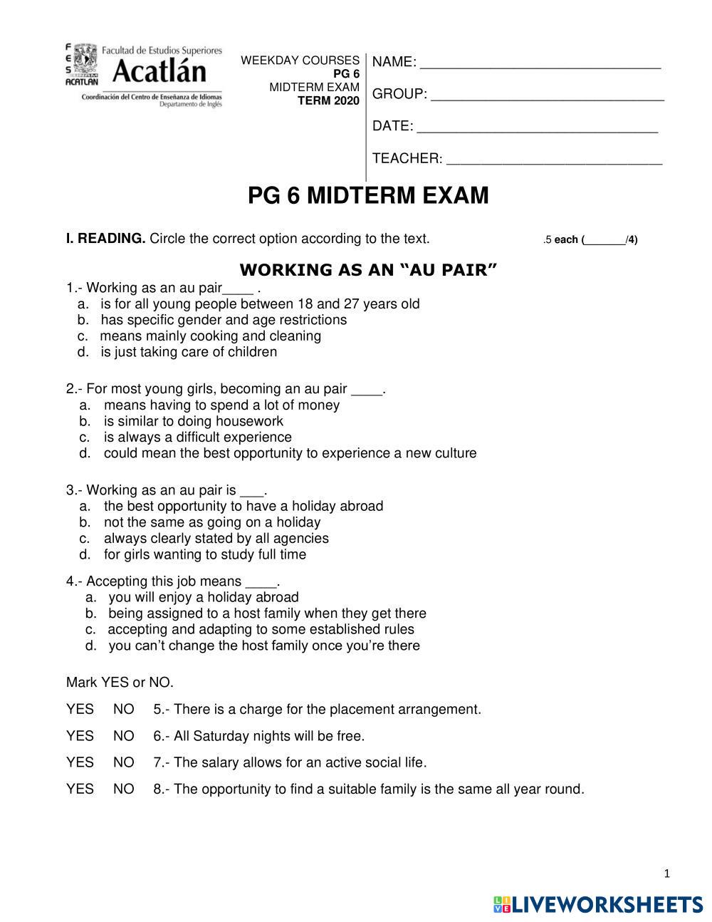 PG6 MIDTERM EXAM | Free Interactive Worksheets | 7692456