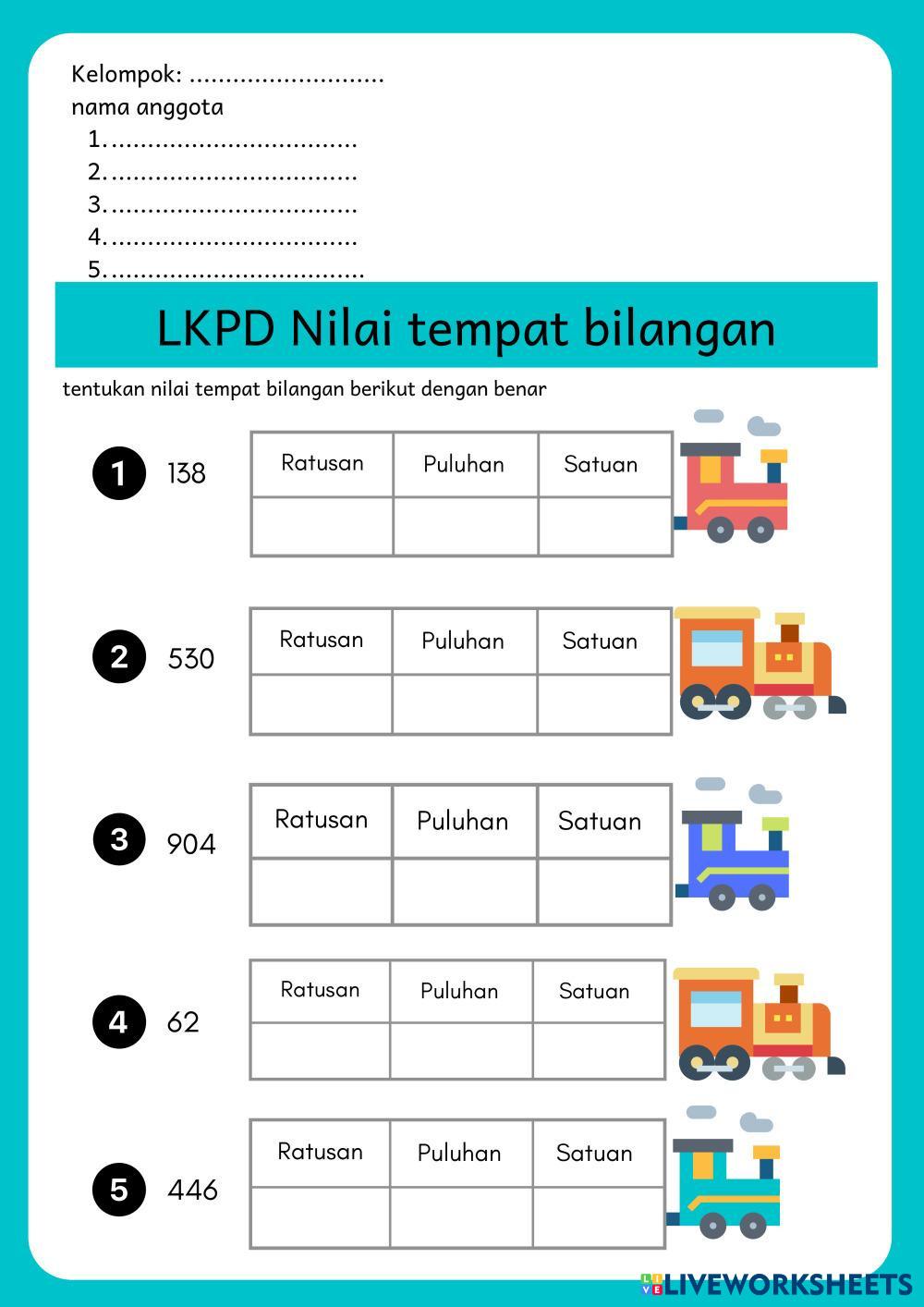 Nilai tempat bilangan | Fauziatul | Live Worksheets
