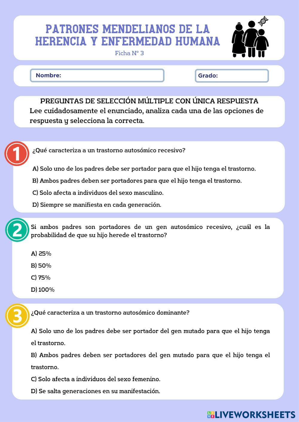 PATRONES HEREDITARIOS Y ENFERMEDAD HUMANA | Live Worksheets