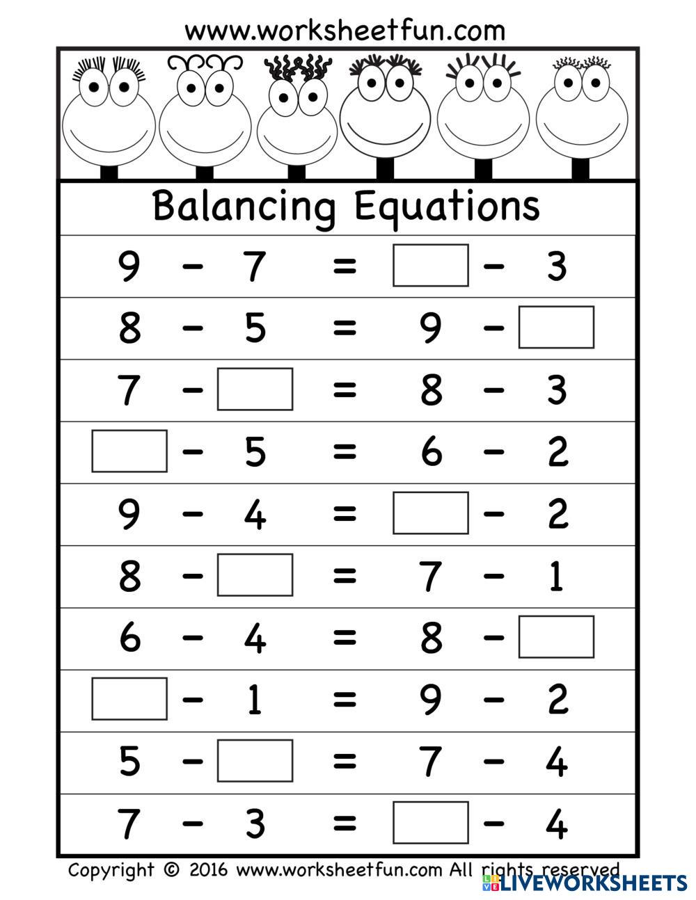 Balancing Subtraction Equations | Live Worksheets