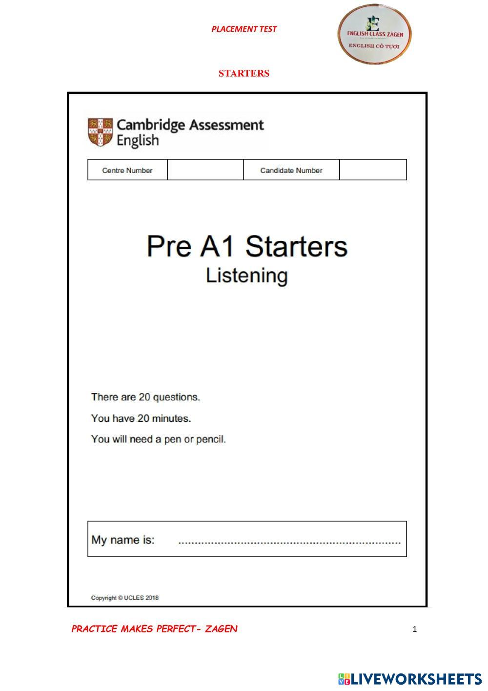 STARTERS LISTENING TEST | Live Worksheets