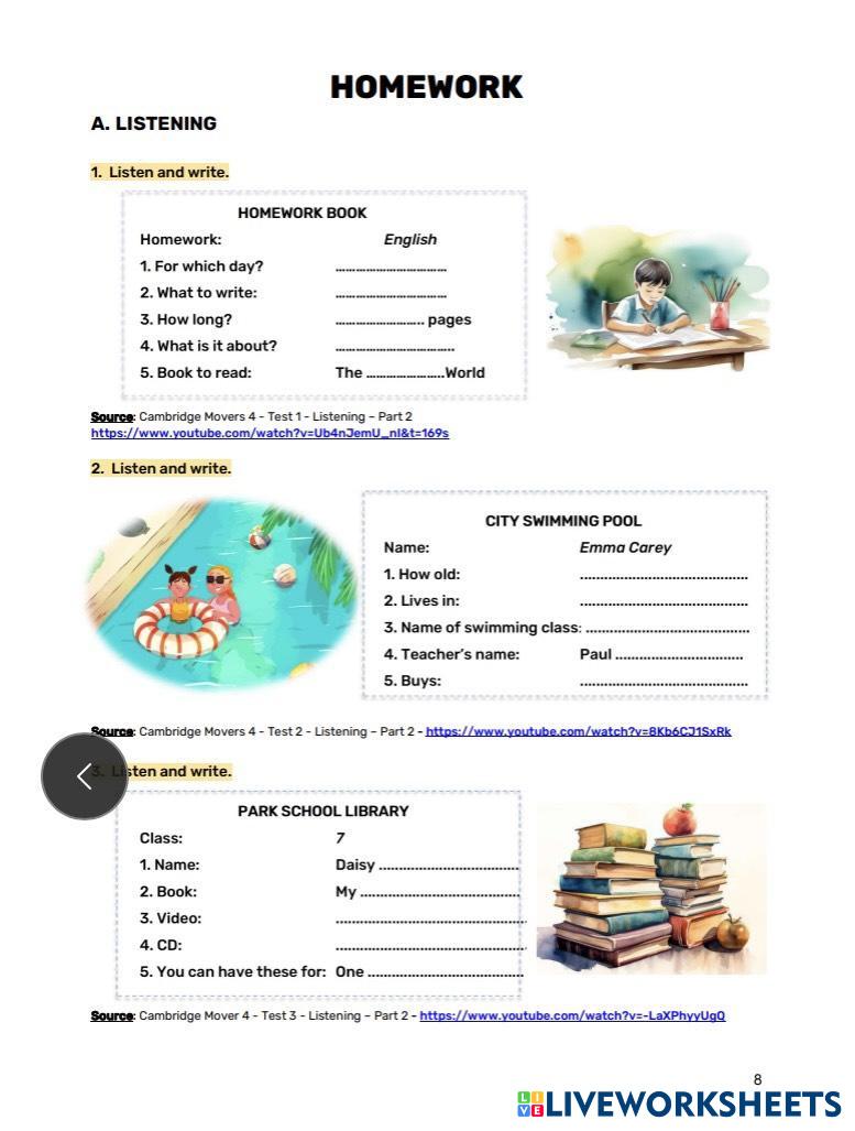 MOVERS - LESSON 4 (HWK) | Live Worksheets