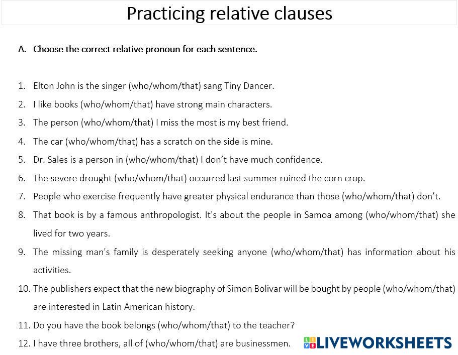 Relative clause… | Free Interactive Worksheets | 7706630