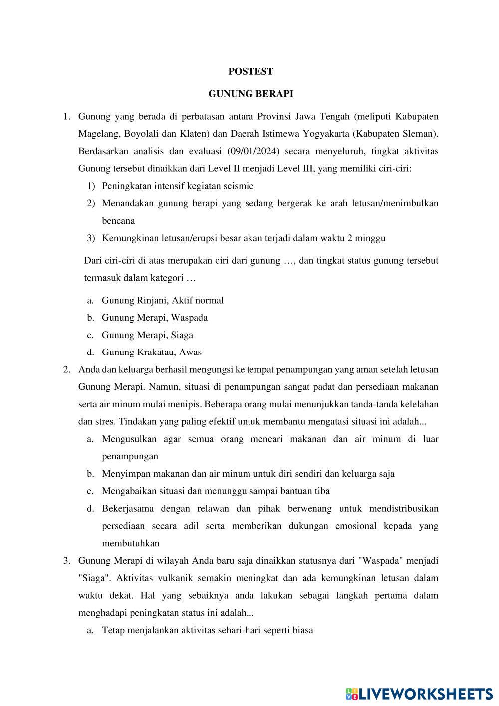 POSTEST GUNUNG BERAPI | Live Worksheets