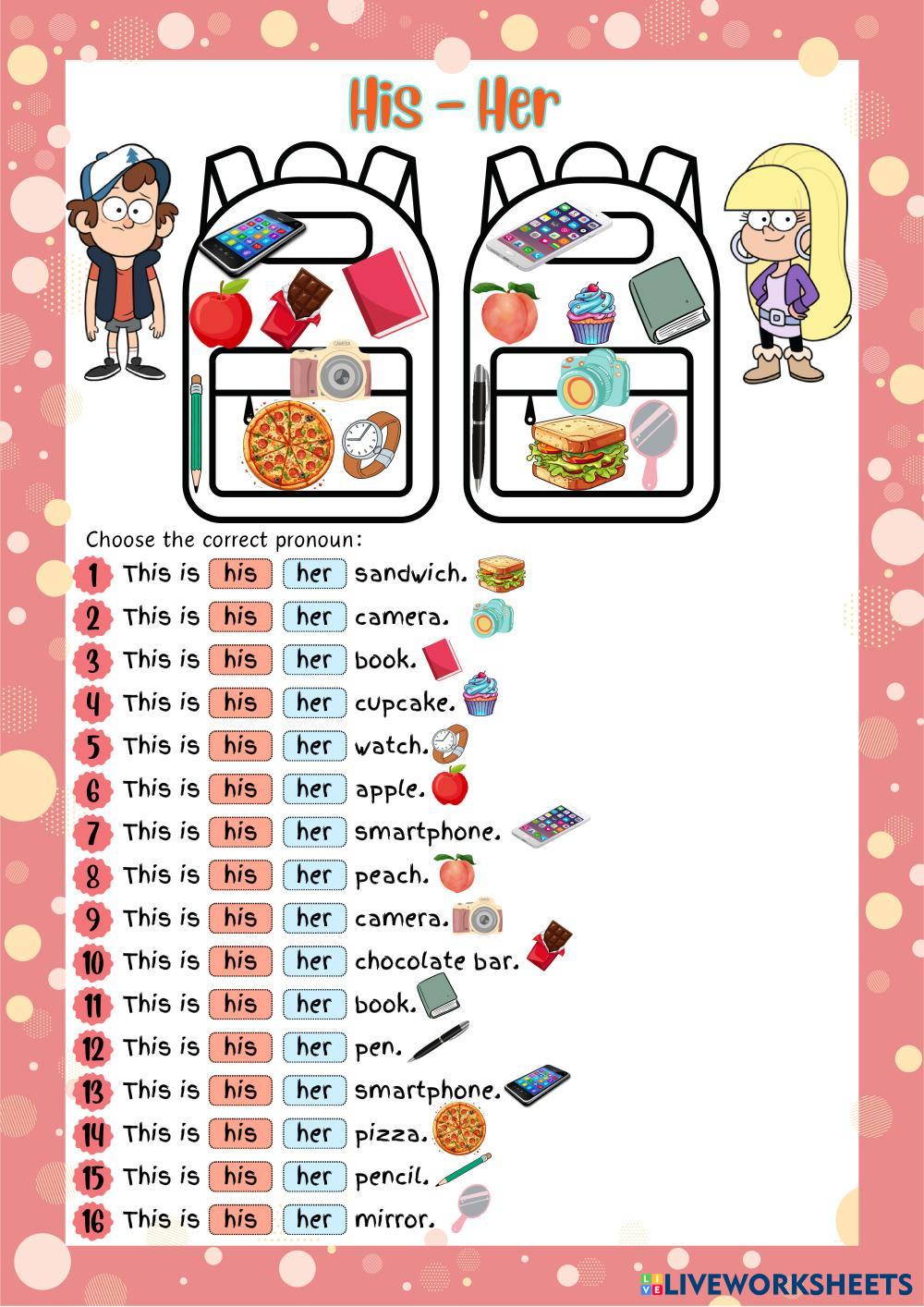 Pronouns: his h… | Free Interactive Worksheets | 7707349