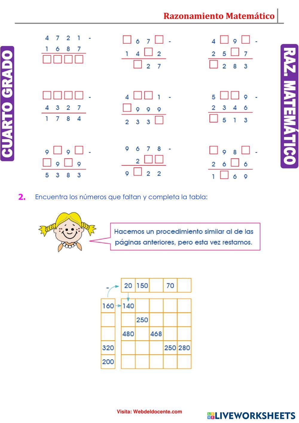 Criptograma de Resta para Cuarto Grado de Primaria | Live Worksheets