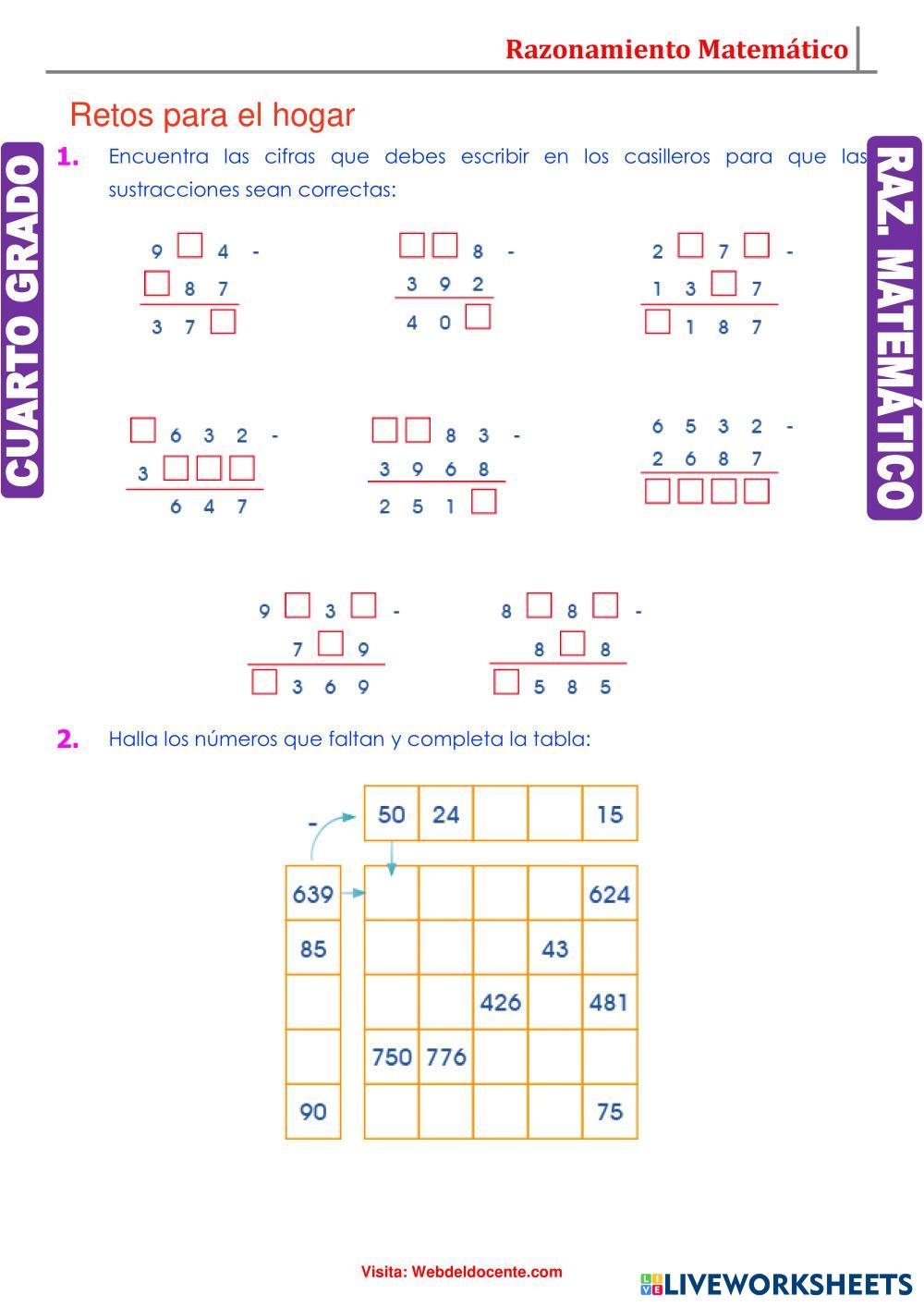 Criptograma de Resta para Cuarto Grado de Primaria | Live Worksheets