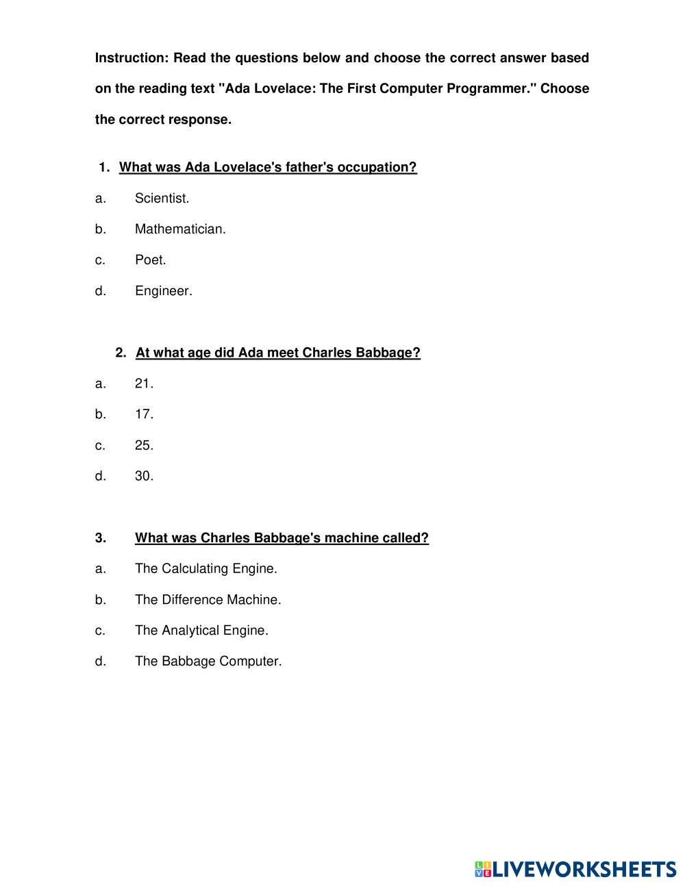 Ada Lovelace Mu… | Free Interactive Worksheets | 7710212