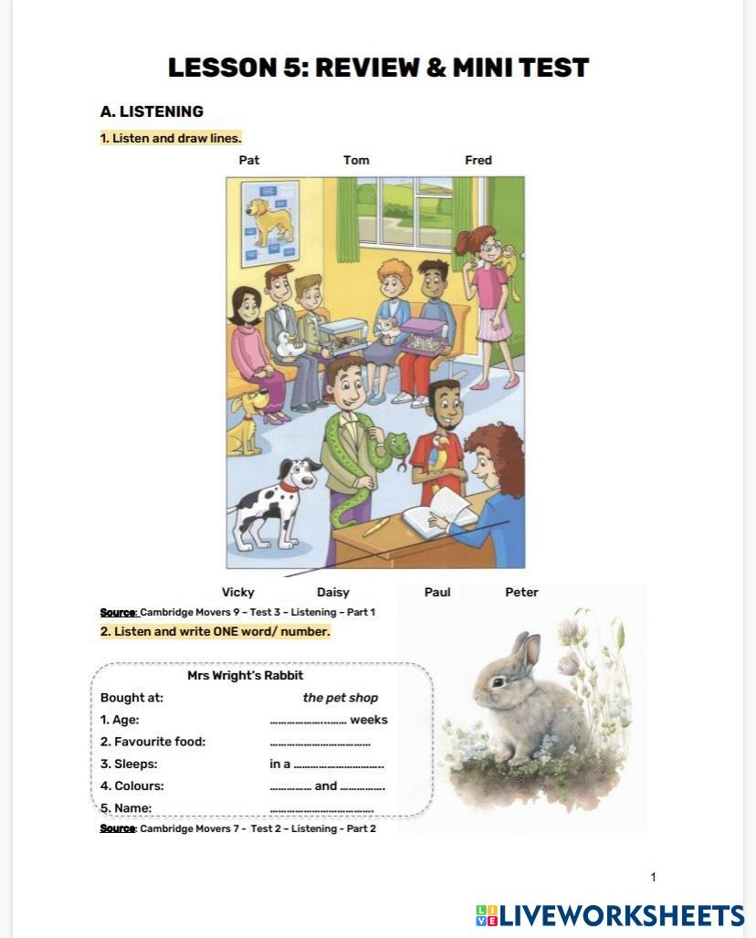MOVERS - LESSON 5 PRACTICE | Live Worksheets