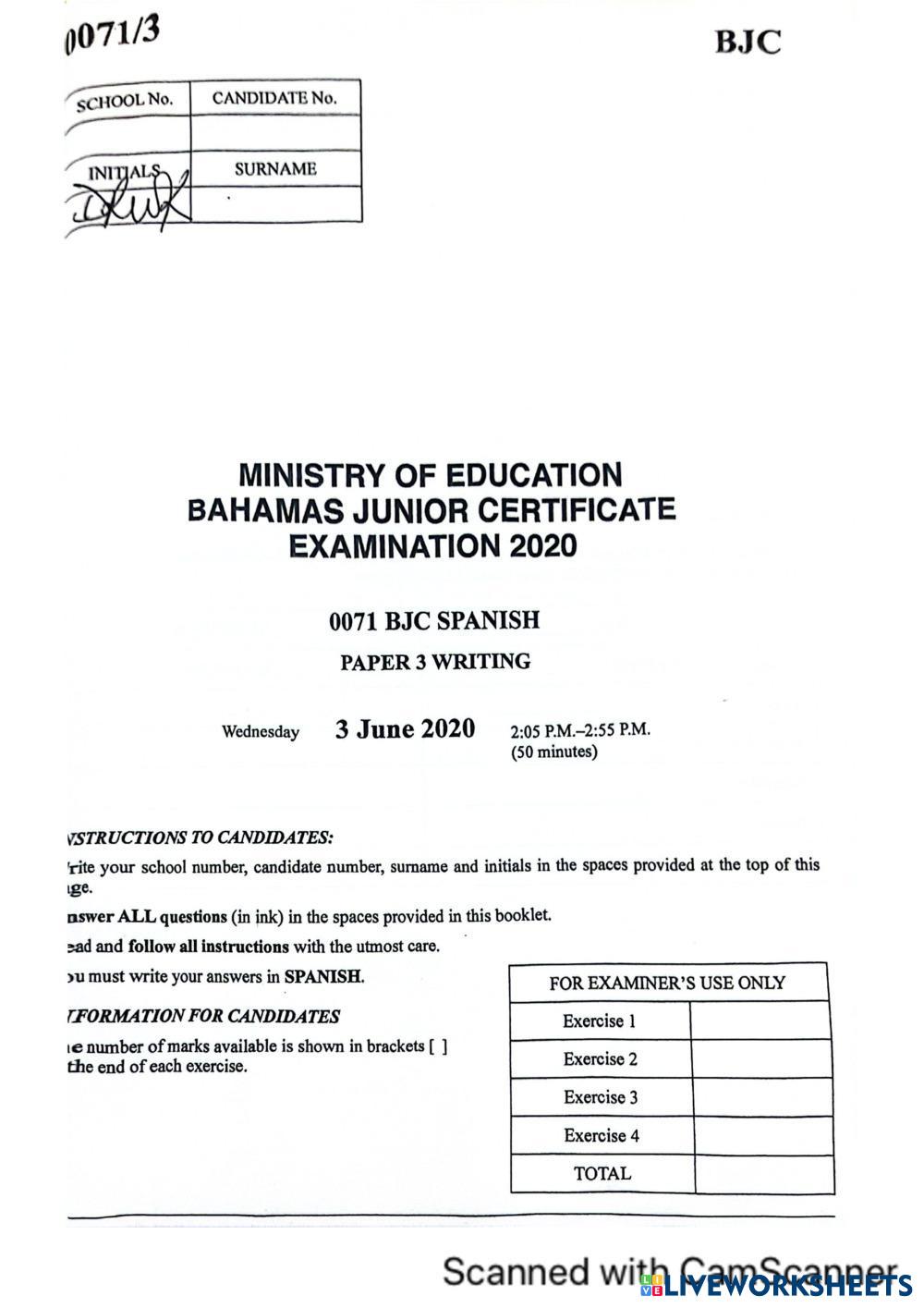 EXAMEN BAHAMAS 2021 WRITING | Live Worksheets
