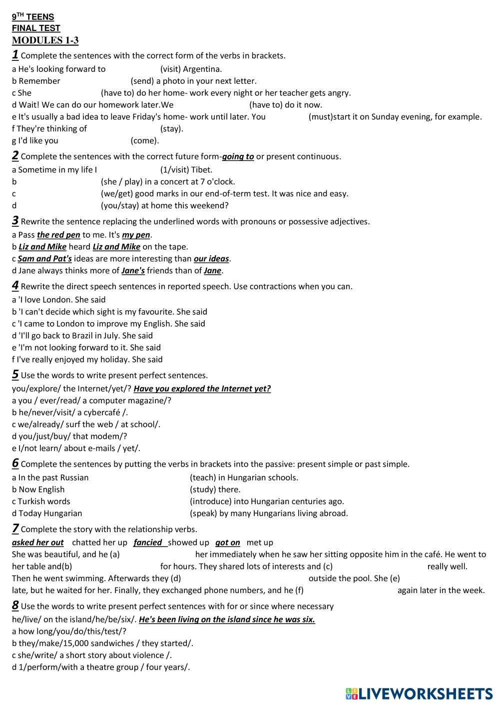 Final 9º teens | Free Interactive Worksheets | 7711719