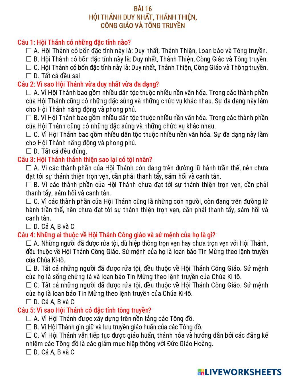 BAI 16 HOI THANH DUY NHAT THANH THIEN CONG GIAO VA TONG TRUYEN | Live Worksheets