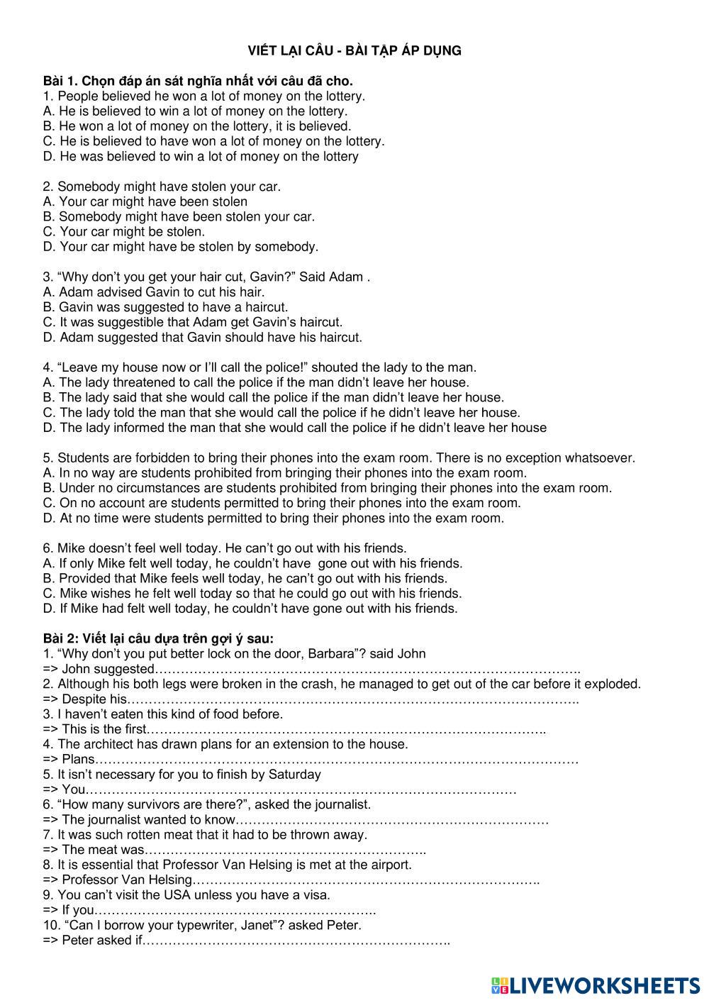 Rewrite sentenc… | Free Interactive Worksheets | 7712567