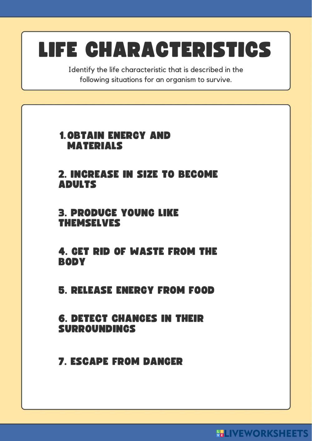 LIFE CHARACTERISTICS | Live Worksheets