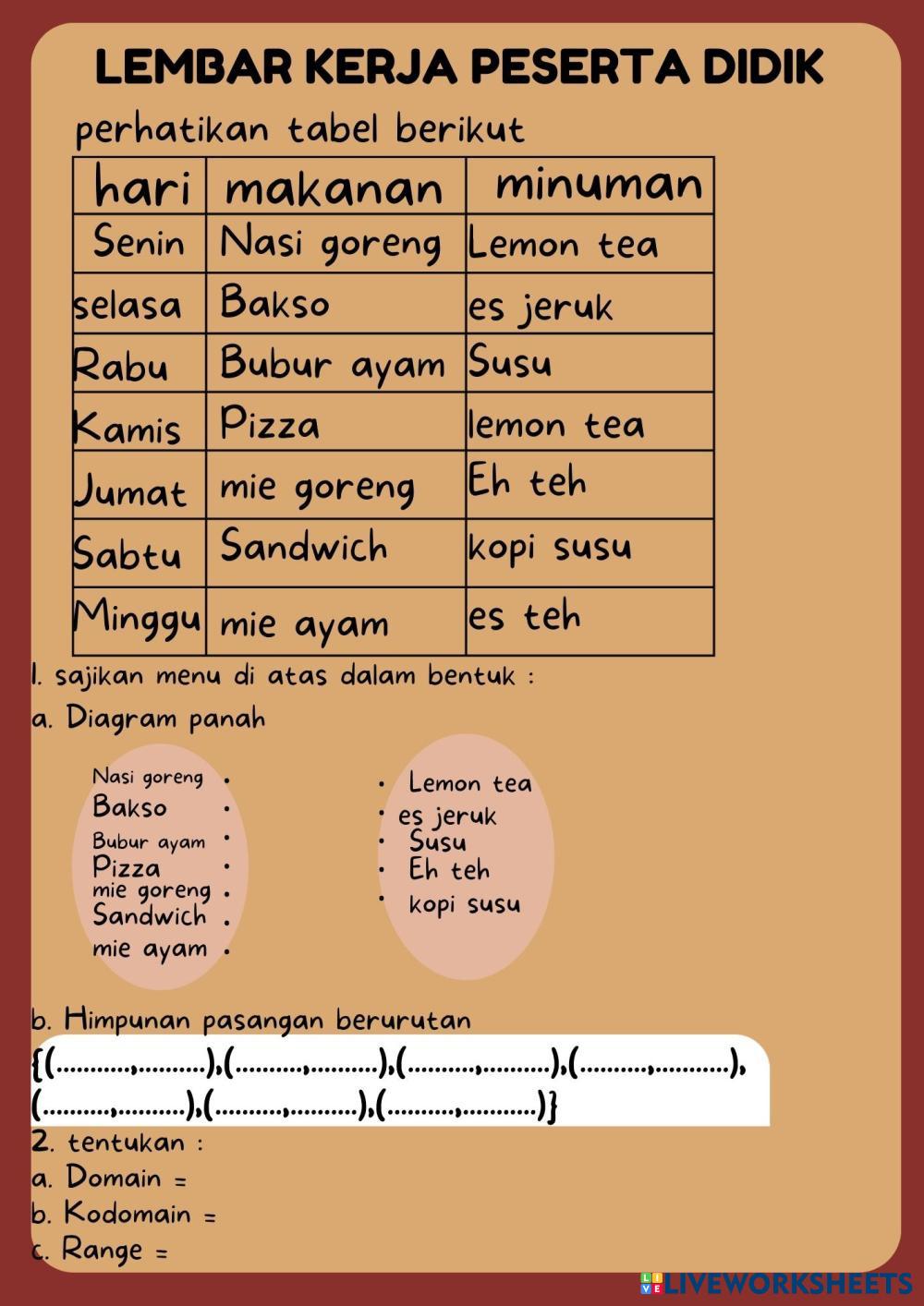 LKPD matematika relasi dan fungsi | Live Worksheets