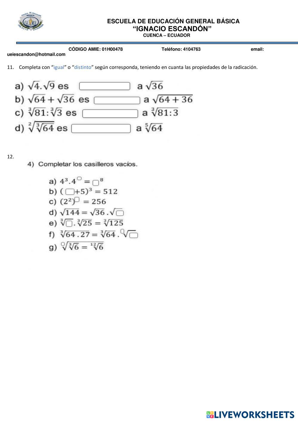 Evaluación Matemáticas Ignacio Escandón | Live Worksheets