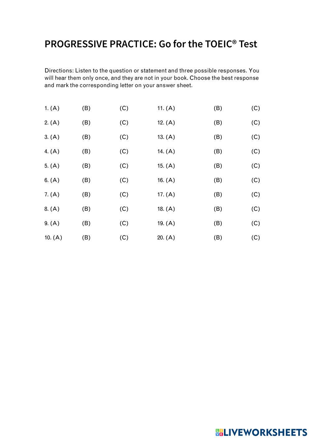 TOEIC TEST PART 2 QUESTION-RESPONSE | Live Worksheets