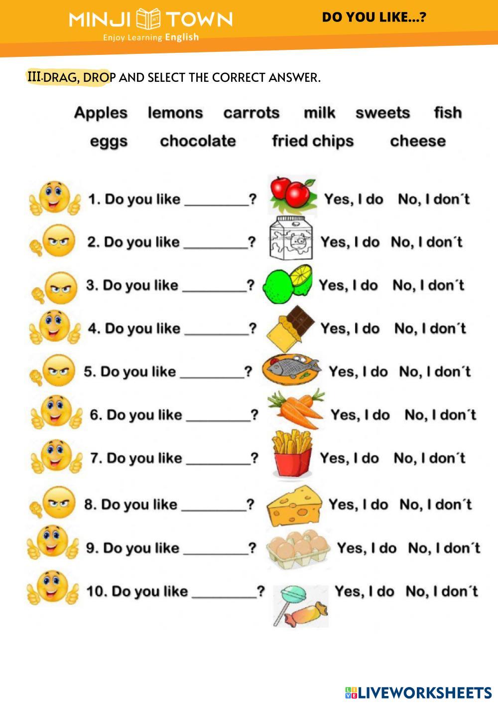 LIKES AND DISLIKES | Live Worksheets