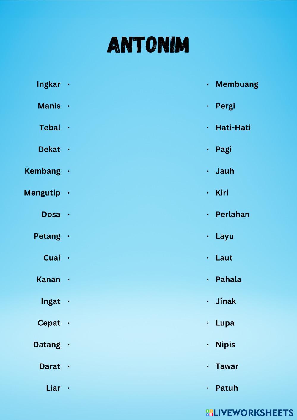 Antonim Tahun 3 | Free Interactive Worksheets | 7726390