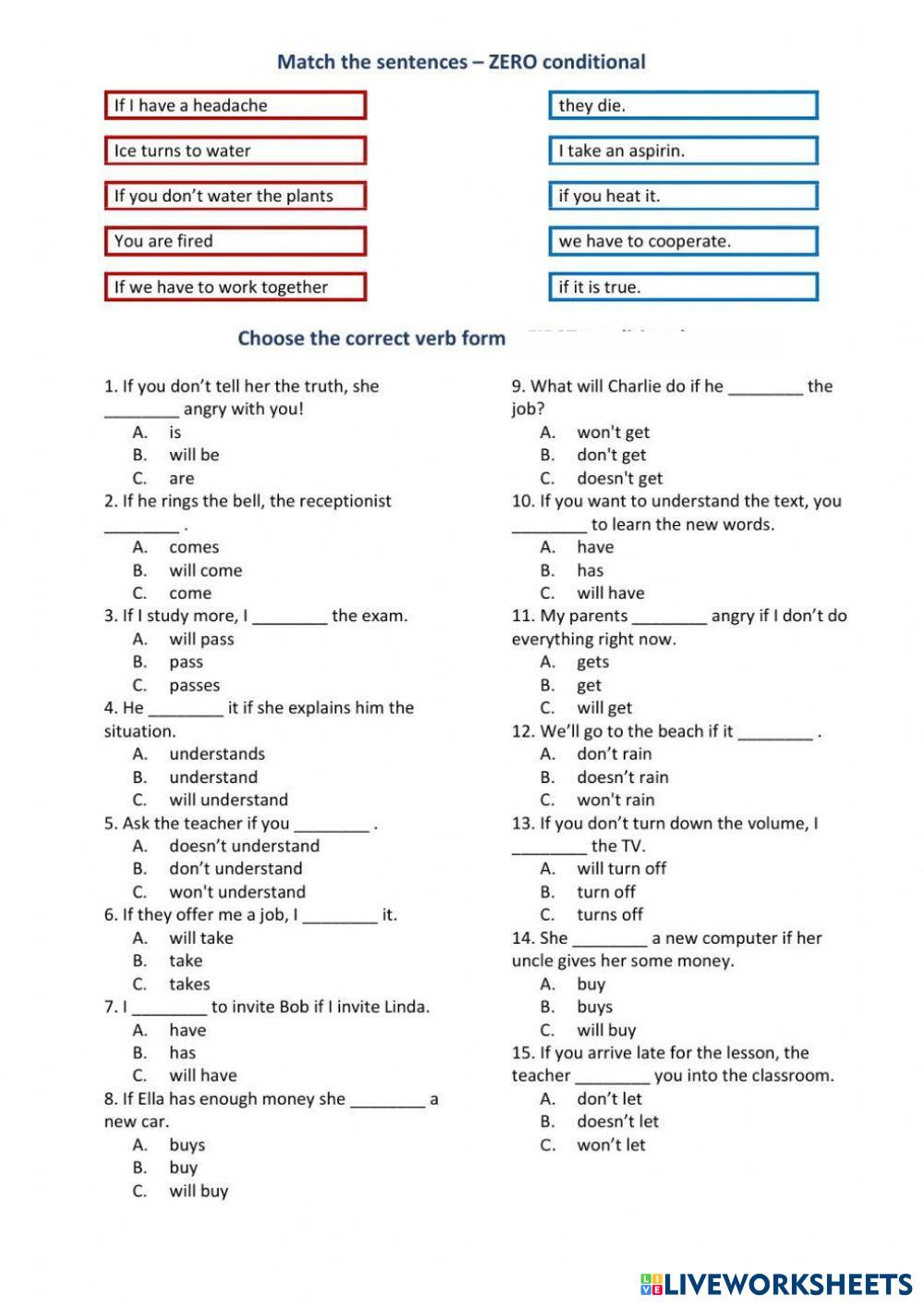 ZERO AND FIRST CONDITIONAL | Live Worksheets