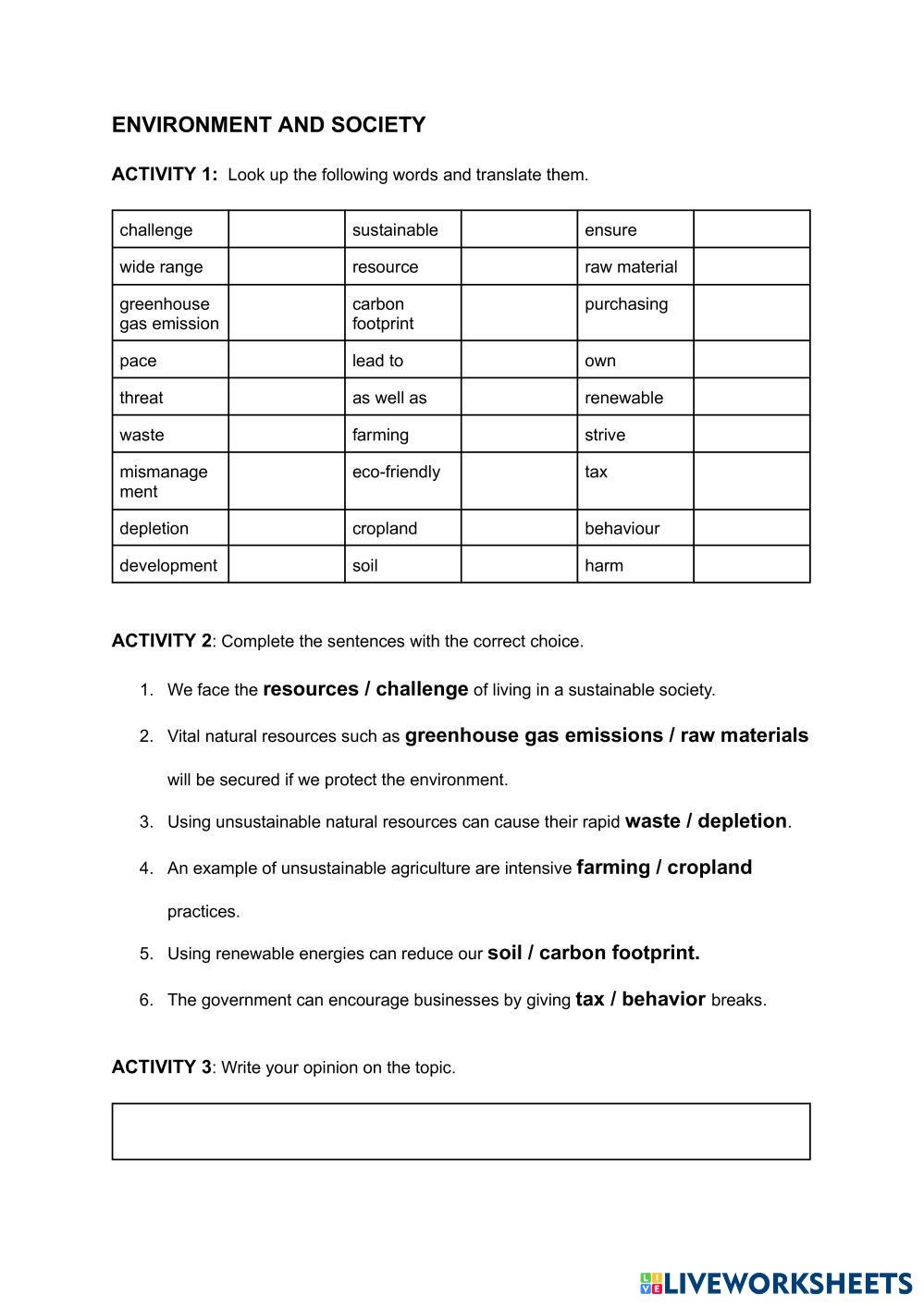 ENVIRONMENT AND SOCIETY | Live Worksheets