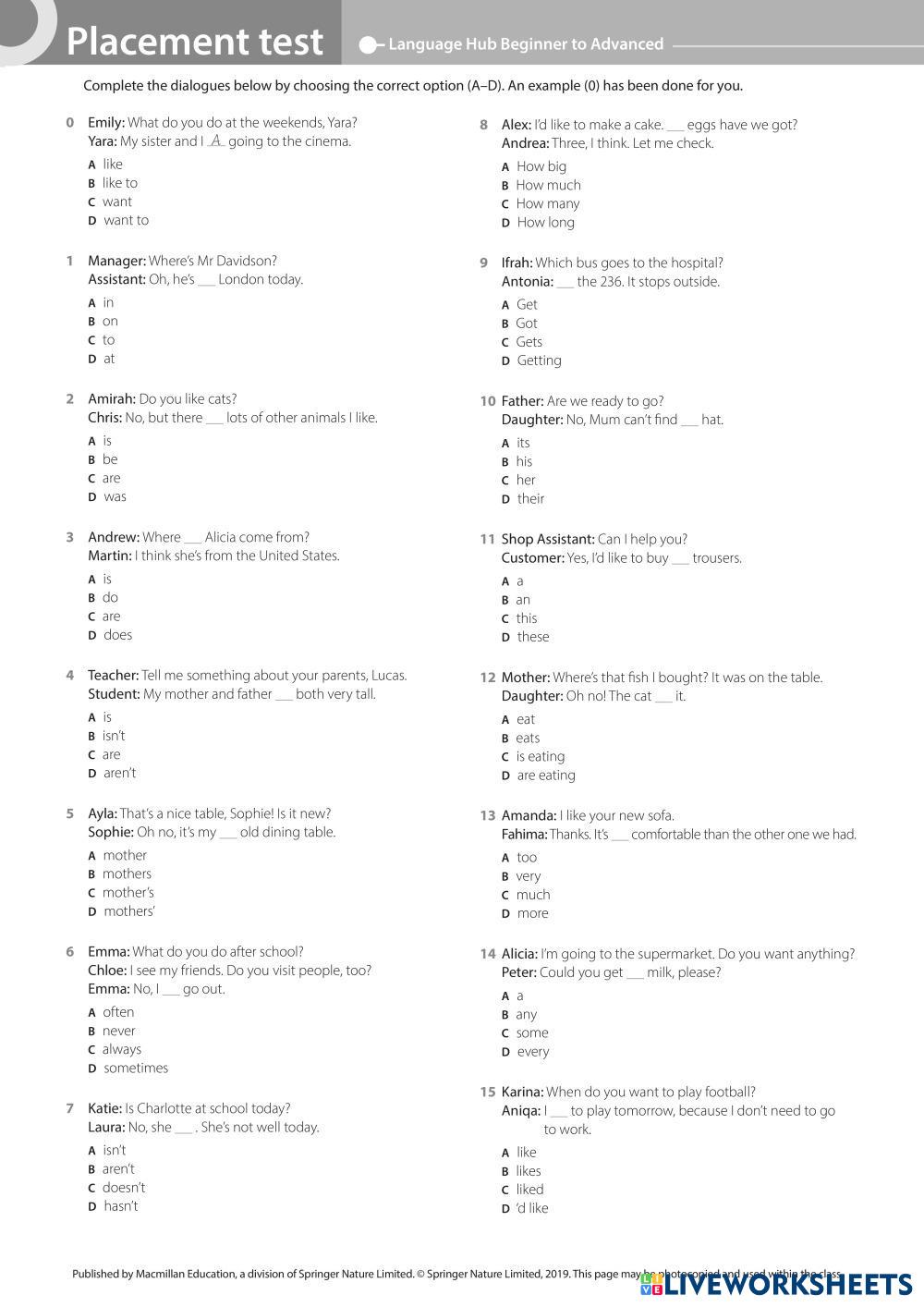 Placement Test … | Free Interactive Worksheets | 7734853
