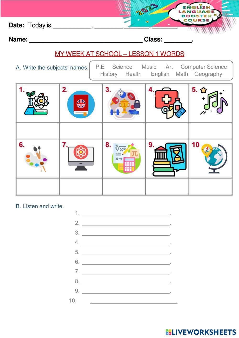 UNIT 1-MY WEEK AT SCHOO-WORDS | Live Worksheets