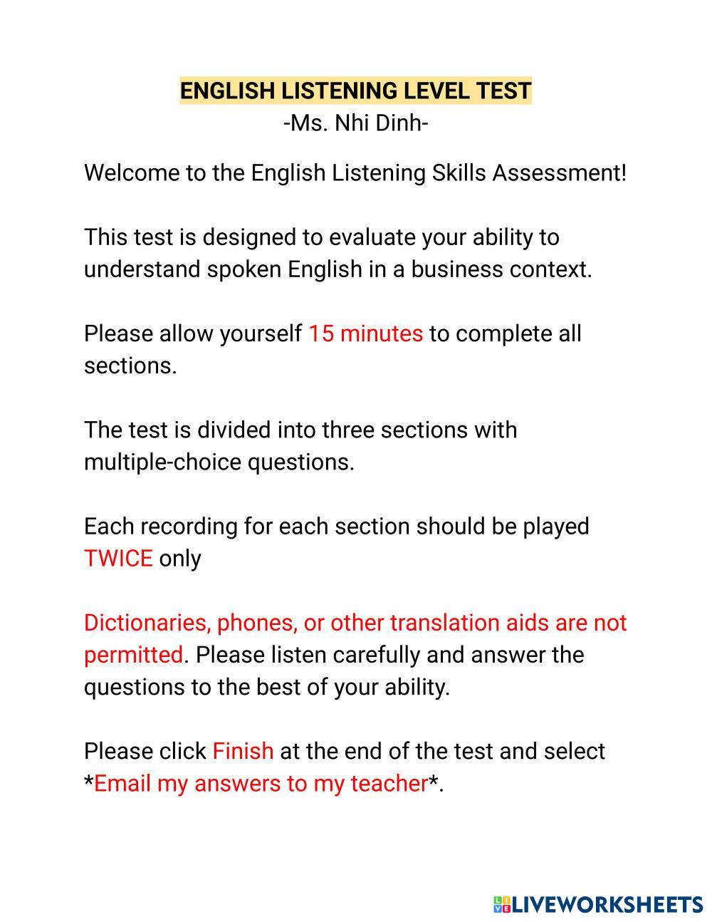 GAMELOFT ENGLISH LISTENING LEVEL TEST | Live Worksheets