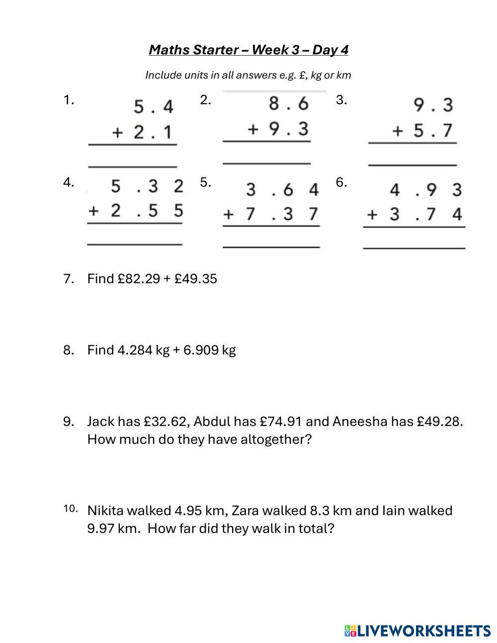 Math Starter - Week 3 - Day 4 | Live Worksheets