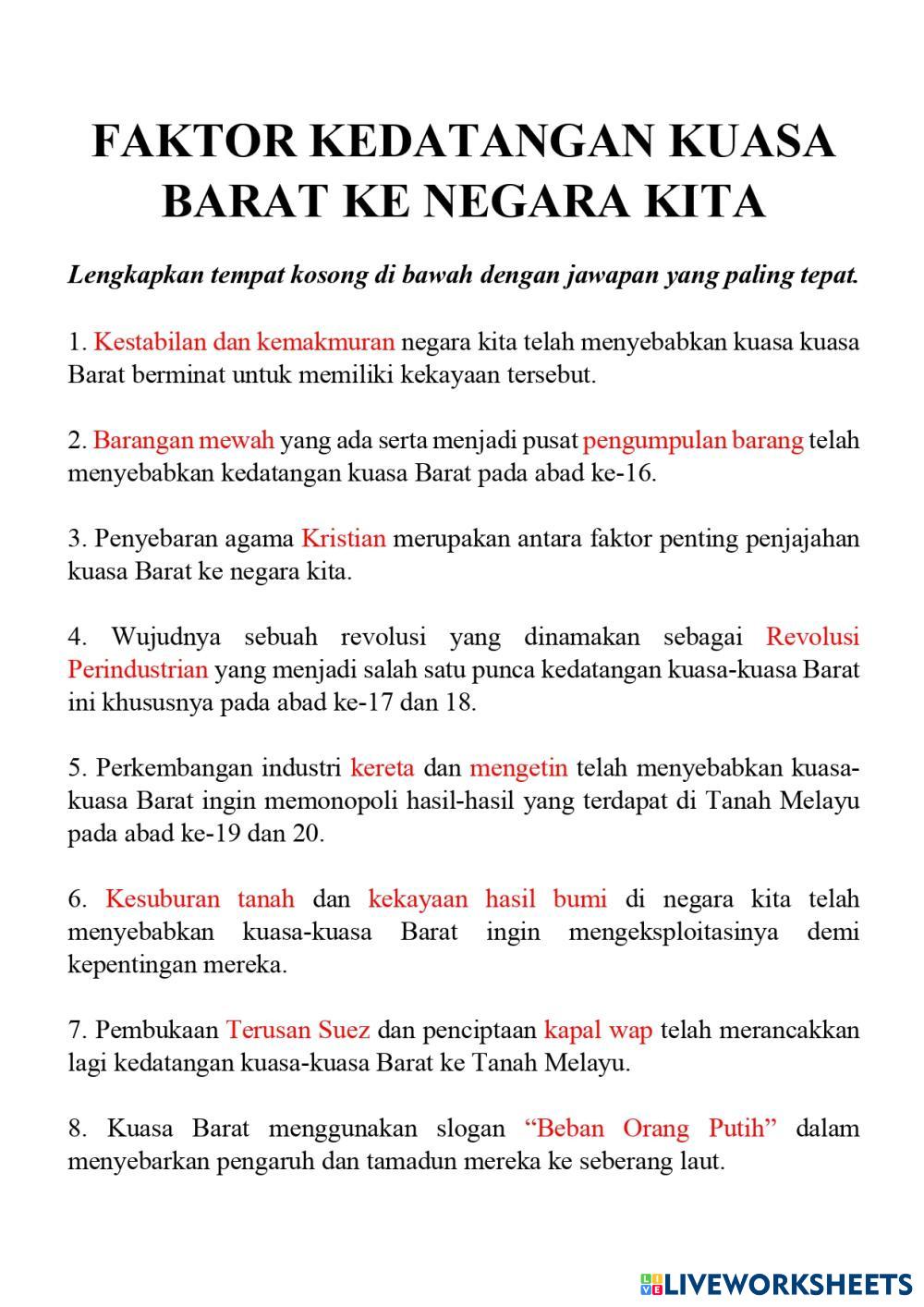 FAKTOR KEDATANGAN KUASA BARAT KE NEGARA KITA | Live Worksheets