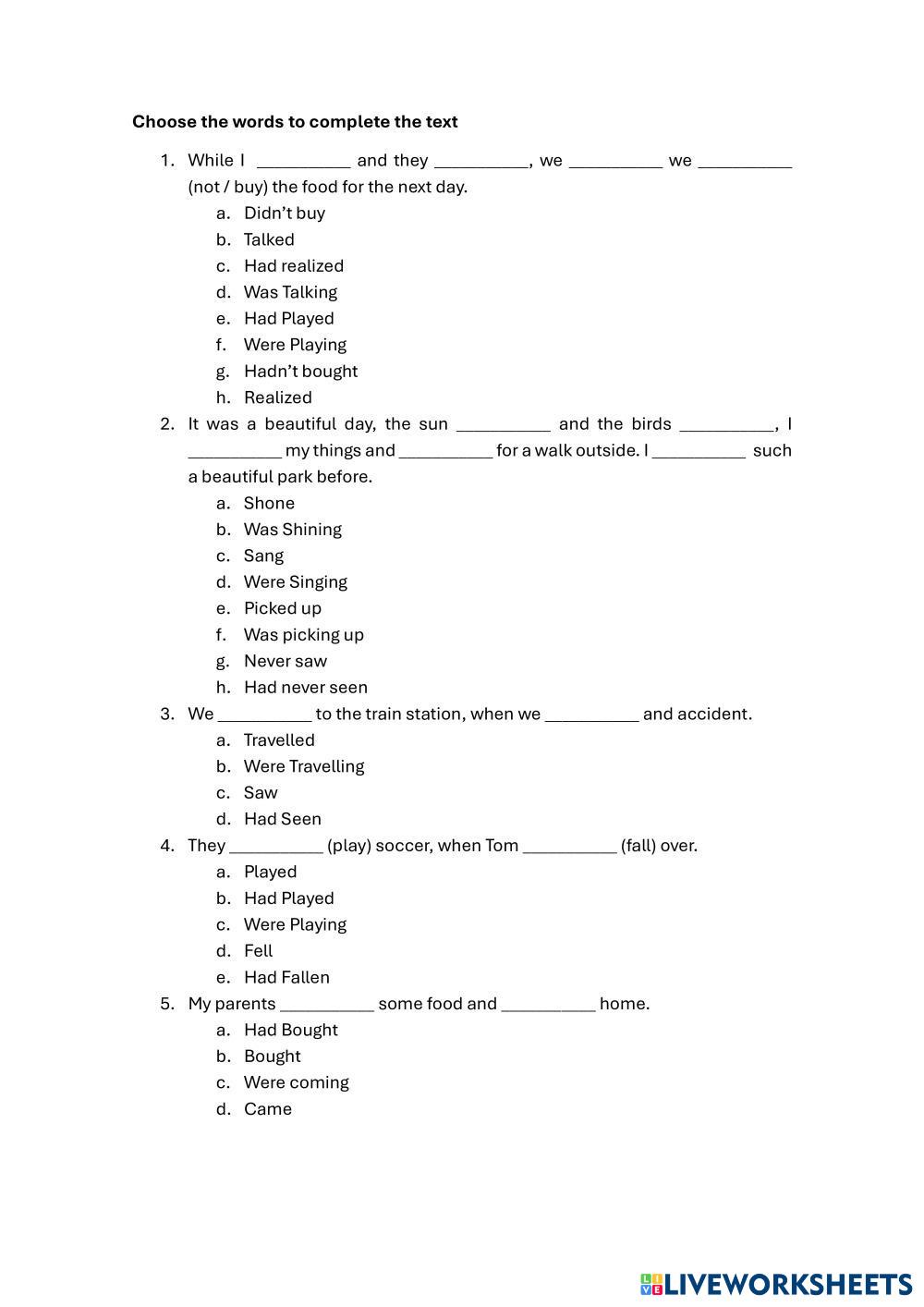Simple Past, Past Cont, Past Perfect | Live Worksheets